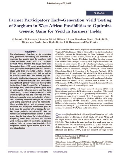 Farmer Participatory Early Generation Yield Testing Of Sorghum In West