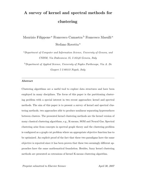 Pdf A Survey Of Kernel And Spectral Methods For Clustering
