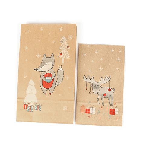 12 шт рождественские крафт бумажные сумки рождественские стикеры набор лисички лося подарочные