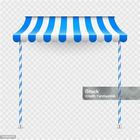스탠드 홀더가 있는 파란색 상점 차양 현실적인 줄무늬 카페 차양 야외 시장 텐트 지붕 캐노피 여름 거리 상점 벡터 그림 0명에 대한 스톡 벡터 아트 및 기타 이미지 Istock