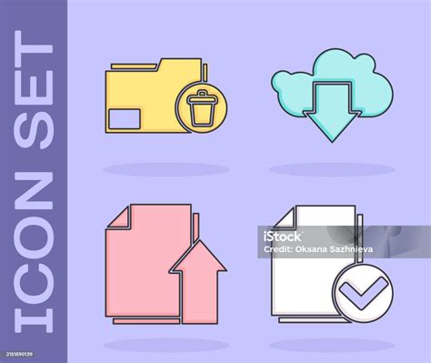 문서 및 체크 표시 폴더 삭제 파일 문서 업로드 및 클라우드 다운로드 아이콘을 설정합니다 벡터 네트워크 서버에 대한 스톡 벡터 아트 및 기타 이미지 Istock