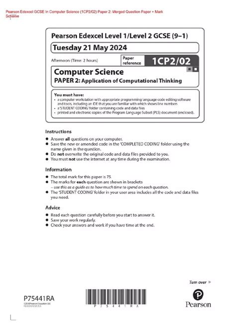 Pearson Edexcel Gcse In Computer Science 1cp202 Paper 2 Application Of Computational