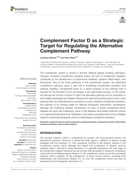 Pdf Complement Factor D As A Strategic Target For Regulating The Alternative Complement Pathway