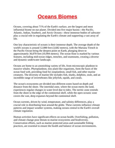 Oceans Biomes Reading Comprehension With Multiple Choice Questions