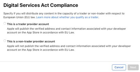 app store connect requires trader information for eu digital services