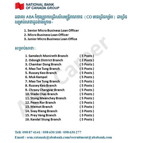 ឱកាសការងារជាមួយ ធនាគារ Aba Bank ជាមួយមុខដំណែងដូចខាងក្រោម ៖ ប្រសិនបើបេក្ខជន
