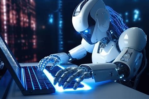 premium photo humanoid robot typing on computer keyboard