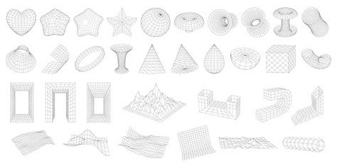 와이어프레임 3d 기하학적 도형 세트입니다 추상적인 도형 왜곡된 메쉬 그리드 산 원뿔 왜곡된 평면 호 블랙홀 지구본 흰색으로