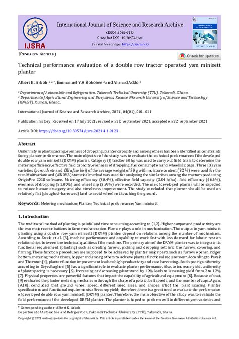 Pdf Technical Performance Evaluation Of A Double Row Tractor Operated