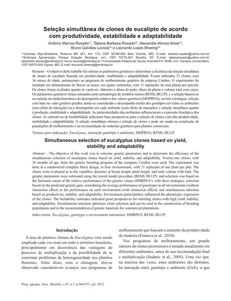 pdf simultaneous selection of eucalyptus clones based on yield