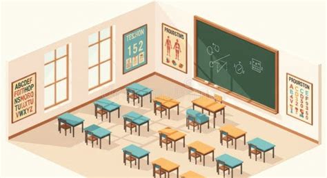 Isometric Classroom Illustration Empty Desks Chalkboard Equations And Eye Charts Stock