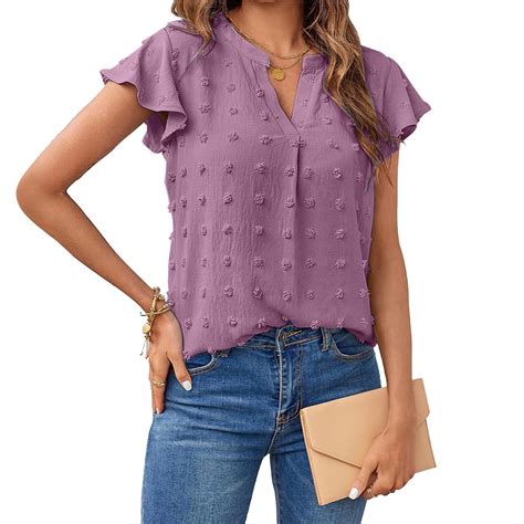 Alllist Short Sleeve Womens Tops Summer V Neck Blouse Purple Fashion