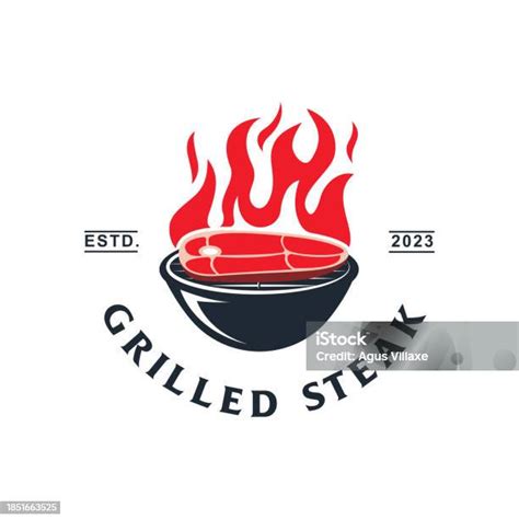 스테이크 그릴 바베큐 고립 된 벡터 엠블럼 구운 고기 조각이 있는 레스토랑 또는 스테이크 하우스 Id 라벨 바베큐 파티 기호
