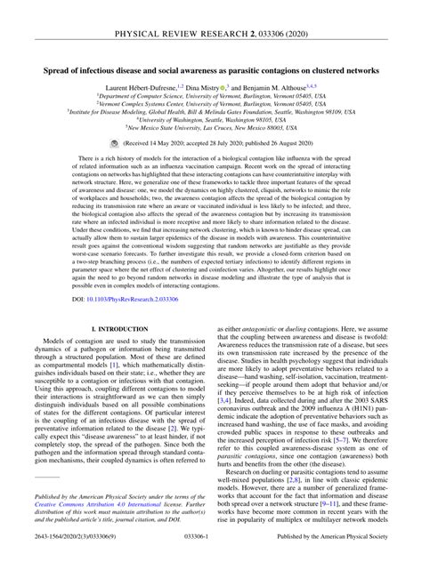 Pdf Spread Of Infectious Disease And Social Awareness As Parasitic