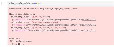 symbolics solve command undefined general usage julia programming language