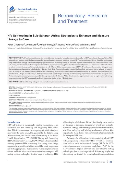 Pdf Hiv Self Testing In Sub Saharan Africa Strategies To Enhance And Measure Linkage To Care