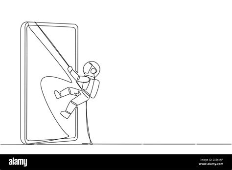 Single One Line Drawing Astronaut Climbing Smartphone With Rope