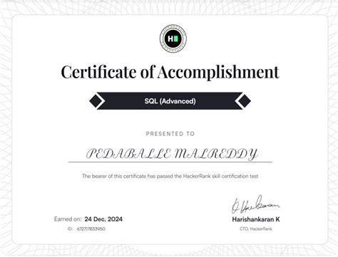 Malreddy Pedaballi On Linkedin Sql Advancedsql Certification Hackerrank Advancedqueries