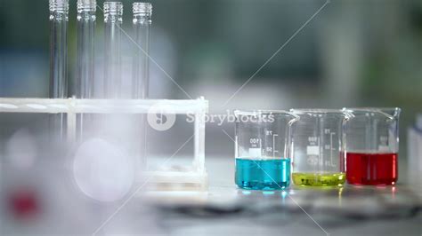 Laboratory Glassware In Chemical Lab Panning On Measuring Cups And Lab
