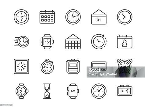 시계 라인 아이콘입니다 시간 측정 빠르고가는 스트로크 달력 시간 측정 알람 타이머 모래 시계와 스톱워치 손목 시계 마감일 및 요일 계획 벡터 디지털 사인 세트 아이콘에 대한