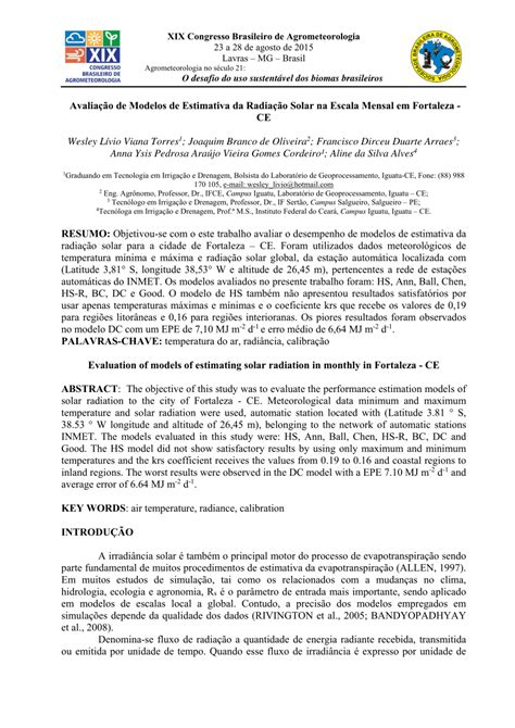 Pdf Evaluation Of Models Of Estimating Solar Radiation In Monthly In Fortaleza Ce