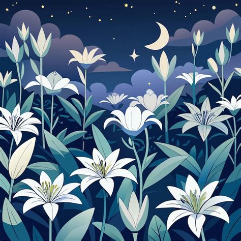 A Field Of Flowers With A Moon And Stars In The Sky Premium Ai