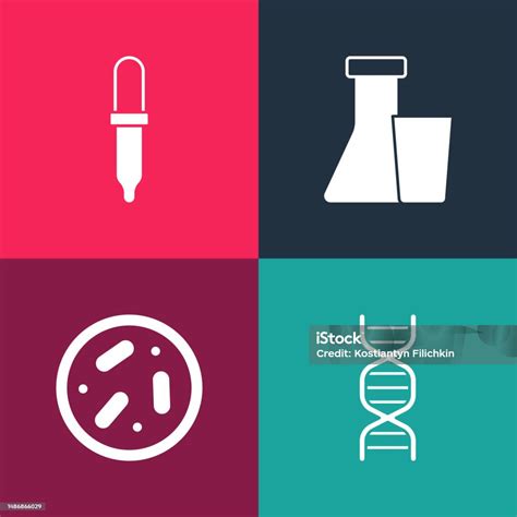 팝 아트 Dna 기호 박테리아가 있는 페트리 접시 시험관과 플라스크 피펫 아이콘을 설정합니다 벡터 Dna에 대한 스톡 벡터 아트 및 기타 이미지 Istock