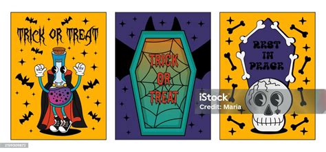 그루비한 만화 캐릭터가 있는 복고풍 스타일의 할로윈 포스터 세트입니다 물약 해골 관이 들어 있는 캐릭터 병 벡터 일러스트 레이 션 관 제작물에 대한 스톡 벡터 아트 및 기타