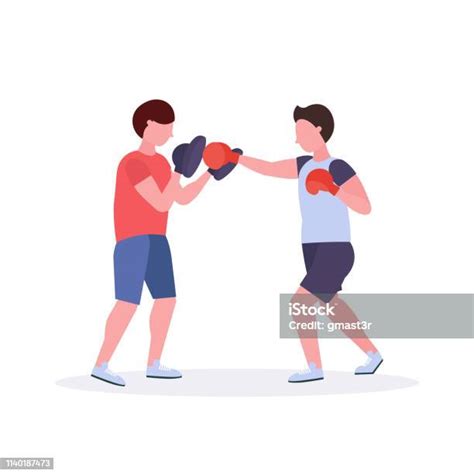 두 남자 팬티 운동 태국 복싱에서 빨간 장갑 커플 전투기에서 연습 하는 싸움 클럽 건강 한 라이프 스타일 개념 평면 흰색 배경 2명에 대한 스톡 벡터 아트 및 기타 이미지