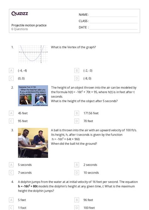 Projectile Motion Worksheets For Th Class On Quizizz Free Printable