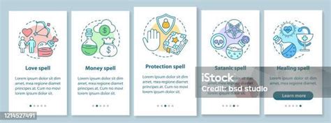 선형 개념으로 모바일 앱 페이지 화면을 온보딩하는 주문입니다 사랑 치유 사탄의 마법 연습 단계 그래픽 지침 위치 크래프트 Ux Ui 그림과 Gui 벡터 템플릿 마녀에 대한