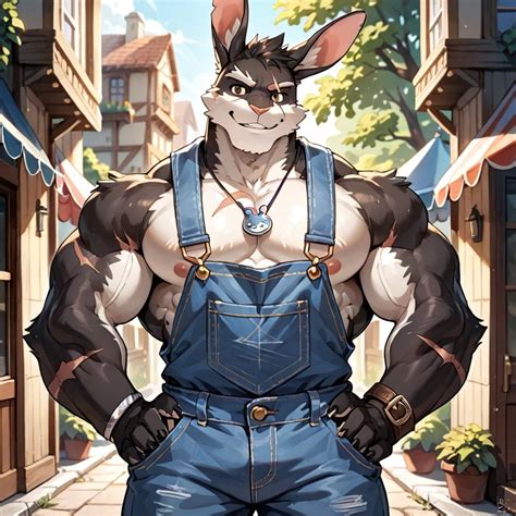 Black Muscular Male Rabbit In Overalls Furry Ai