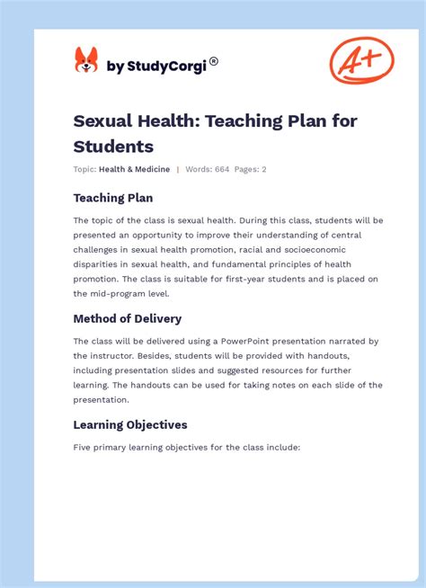 Sexual Health Teaching Plan For Babes Free Essay Example