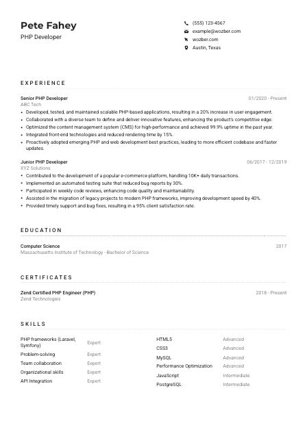 PHP Developer CV Example