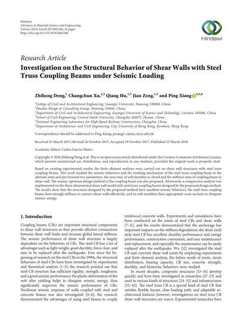 Pdf Investigation On The Structural Behavior Of Shear Walls With Steel Truss Coupling Beams