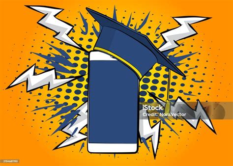 만화 스마트 폰 만화책 전화 졸업 모자 복고풍 벡터 만화 팝 아트 디자인 졸업식에 대한 스톡 벡터 아트 및 기타 이미지 졸업식 만화 전화 Istock