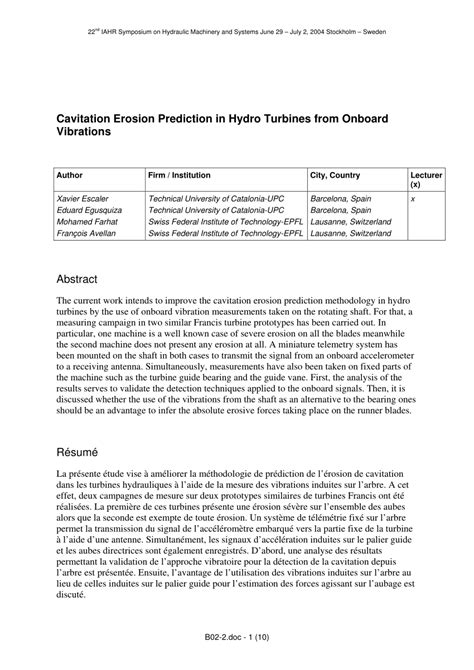 Pdf Cavitation Erosion Prediction In Hydro Turbines From Onboard Vibrations