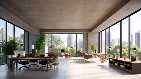 도시 전망을 갖춘 세련된 가구와 최첨단 장비 3d 렌더링을 갖춘 콘크리트의 현대적인 사무실 공동 작업 공간 배경  무료