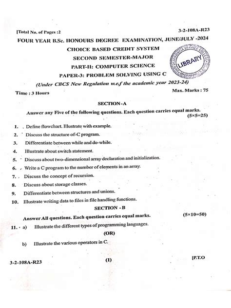 2 Sem Major Bsc Cs Problem Solving Using C June 2024 Pdf