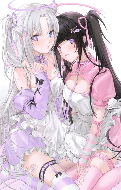Rule 34 2girls Angel Wings Apron Black Hair Blue Eyes Breasts Collar Demon Wings Detached