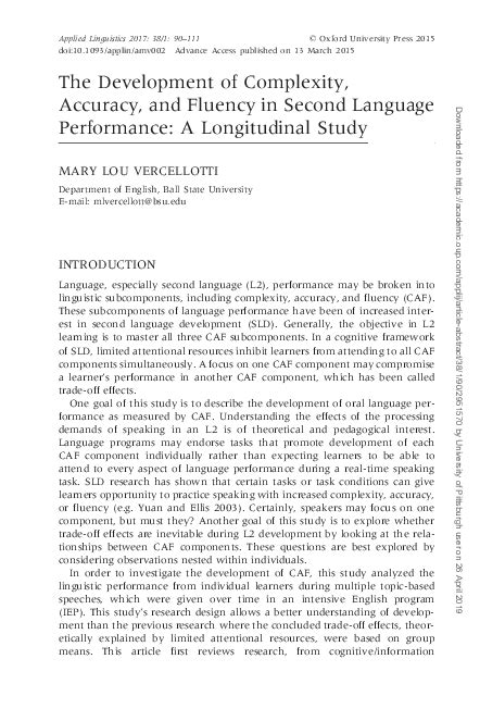 Pdf The Development Of Complexity Accuracy And Fluency In Second Language Performance A
