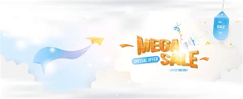 웹 페이지에 대 한 배너입니다 메가 세일을 제공 하는 특별 한 50 잘라 종이 빛나는 빛 구름의 배경에 리본으로 비행기 스피커와