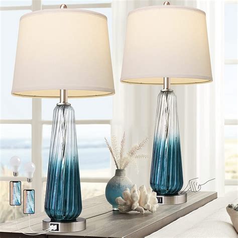 Partphoner Modern Blue Glass Control Table Lamps Set Of 2 3 Way