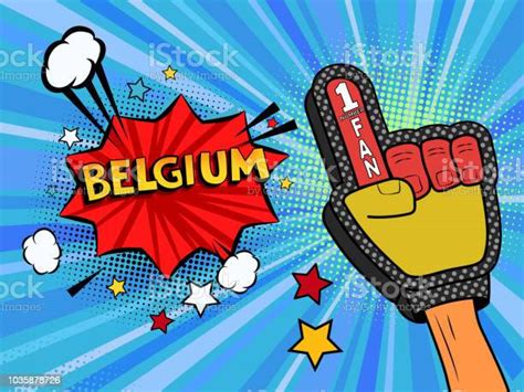 스포츠 장갑 벨기에 국가 깃발의 승리를 축 하 하 제기에 남성 손 팬 별과 구름과 벨기에 연설 거품이 있다입니다 벡터 화려한 팬 일러스트 레이 션 Championship에