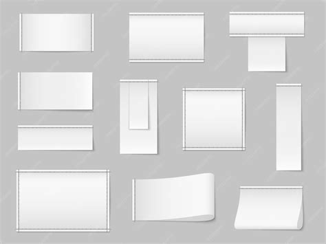 직물 빈 흰색 레이블 현실적인 패브릭 의류 스티커 의류는 이음새가 있는 깨끗한 스티치 태그 템플릿 로고 벡터 흉내내기 세트의 브랜딩 복사 공간을 위한 3d 빈 사각형 조각