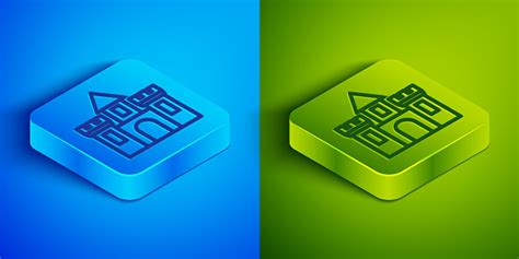 파란색과 녹색 배경에 격리 된 등색 라인 성 아이콘 타워가있는 중세 요새 적으로부터 보호할 수 있습니다 도시의 신뢰성과 방어 정사각형 버튼입니다 벡터 3차원 형태에 대한