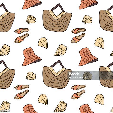 심플한 여름 심리스 패턴 비치 백 슬리퍼 및 다양한 휴가 용품 티셔츠 노트북 등을 디자인하기 위한 트렌디한 프린트 벡터 플랫