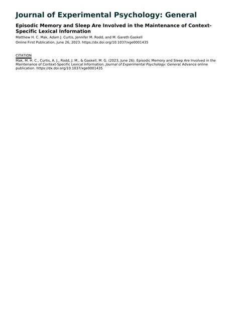 Pdf Episodic Memory And Sleep Are Involved In The Maintenance Of Context Specific Lexical