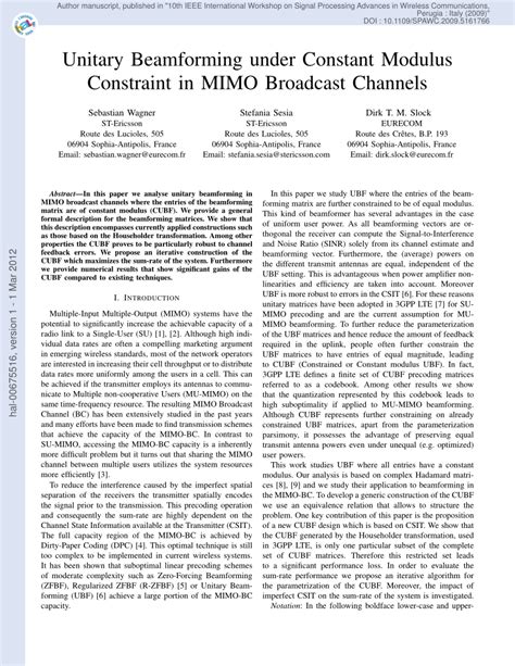 Pdf Unitary Beamforming Under Constant Modulus Constraint In Mimo