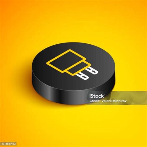노란색 배경에 격리된 등색 선 충전기 아이콘입니다 검은 색 원 버튼 벡터 3차원 형태에 대한 스톡 벡터 아트 및 기타 이미지